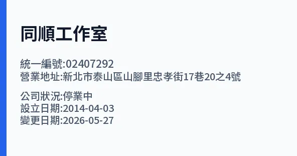 同順工作室的照片-統編 02407292(新北市) 公司登記資料與營業項目詳細圖表