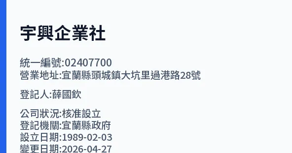 宇興企業社的照片-統編 02407700(宜蘭縣) 公司登記資料與營業項目詳細圖表