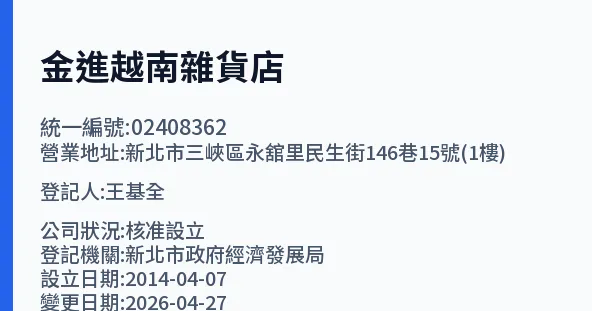 金進越南雜貨店的照片-統編 02408362(新北市) 公司登記資料與營業項目詳細圖表