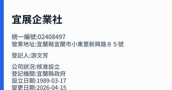 宜展企業社的照片-統編 02408497(宜蘭縣) 公司登記資料與營業項目詳細圖表