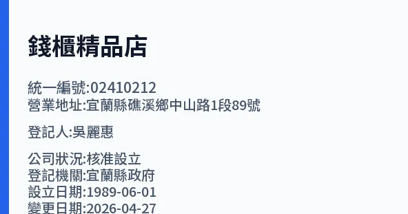 錢櫃精品店的照片-統編 02410212(宜蘭縣) 公司登記資料與營業項目詳細圖表