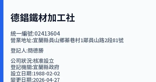 德錩鐵材加工社的照片-統編 02413604(宜蘭縣) 公司登記資料與營業項目詳細圖表