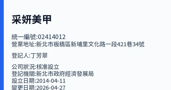采妍美甲的照片-統編 02414012(新北市) 公司登記資料與營業項目詳細圖表