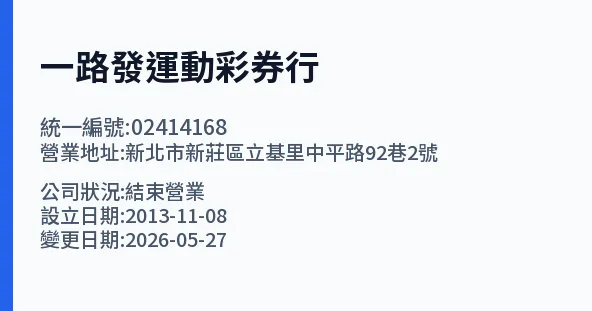一路發運動彩券行的照片-統編 02414168(新北市) 公司登記資料與營業項目詳細圖表