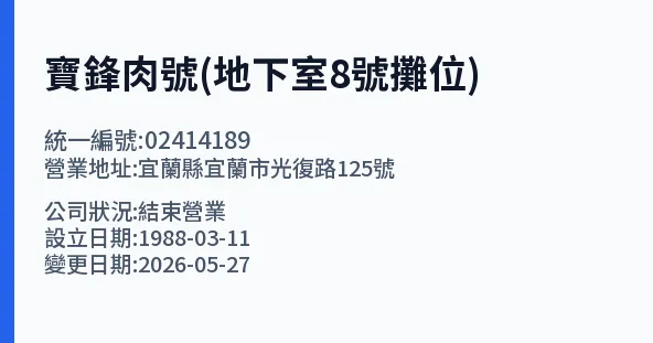 寶鋒肉號(地下室8號攤位)的照片-統編 02414189(宜蘭縣) 公司登記資料與營業項目詳細圖表