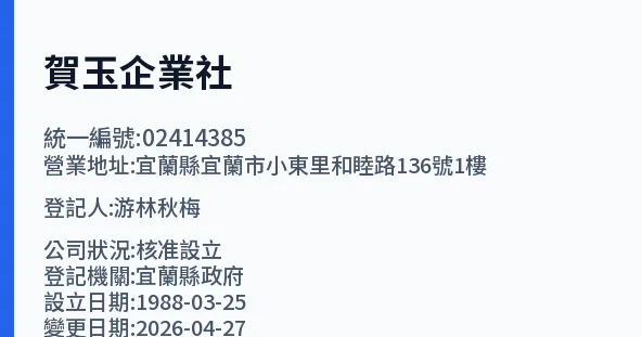 賀玉企業社的照片-統編 02414385(宜蘭縣) 公司登記資料與營業項目詳細圖表