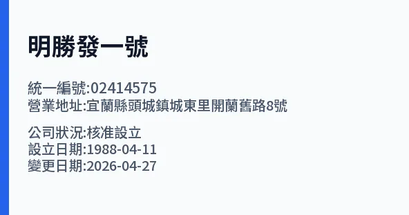 明勝發一號的照片-統編 02414575(宜蘭縣) 公司登記資料與營業項目詳細圖表