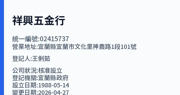 祥興五金行的照片-統編 02415737(宜蘭縣) 公司登記資料與營業項目詳細圖表