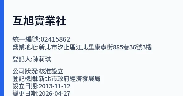 互旭實業社的照片-統編 02415862(新北市) 公司登記資料與營業項目詳細圖表