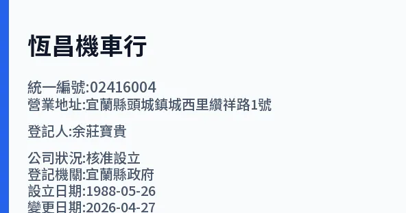 恆昌機車行的照片-統編 02416004(宜蘭縣) 公司登記資料與營業項目詳細圖表