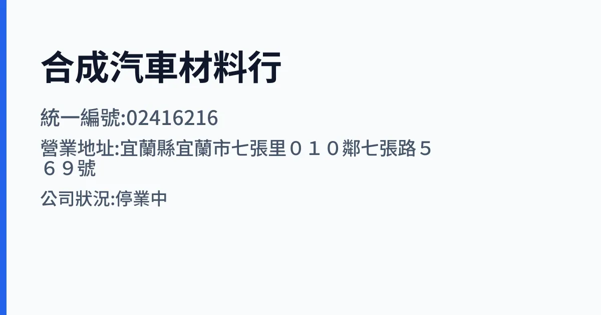 合成汽車材料行 - 統編 02416216(宜蘭縣) 公司登記資料與營業項目詳細圖表