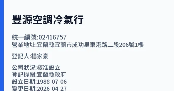豐源空調冷氣行的照片-統編 02416757(宜蘭縣) 公司登記資料與營業項目詳細圖表