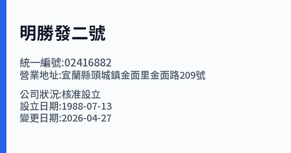 明勝發二號的照片-統編 02416882(宜蘭縣) 公司登記資料與營業項目詳細圖表