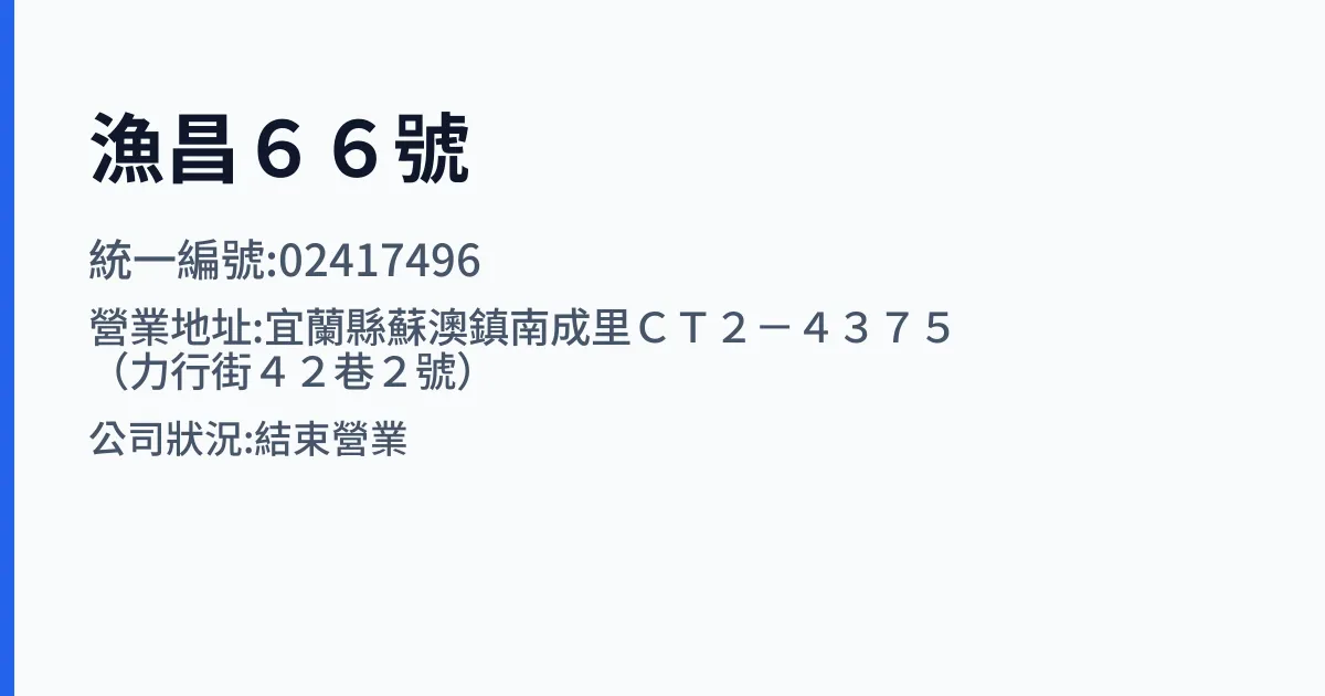 漁昌66號 - 統編 02417496(宜蘭縣) 公司登記資料與營業項目詳細圖表