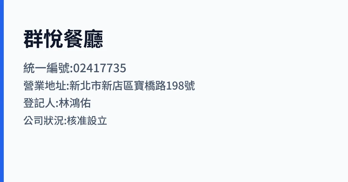 群悅餐廳 - 統編 02417735(新北市) 公司登記資料與營業項目詳細圖表