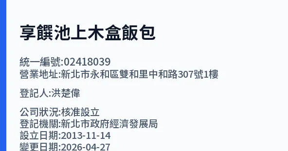 享饌池上木盒飯包的照片-統編 02418039(新北市) 公司登記資料與營業項目詳細圖表