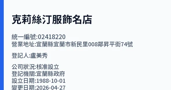 克莉絲汀服飾名店的照片-統編 02418220(宜蘭縣) 公司登記資料與營業項目詳細圖表