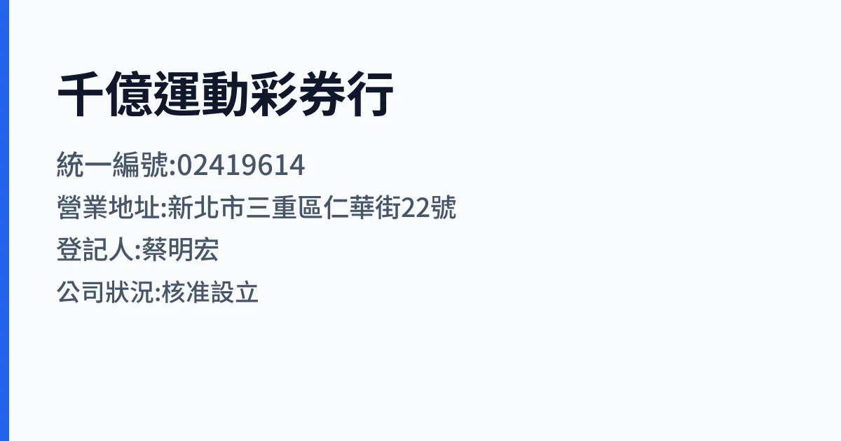 千億運動彩券行 - 統編 02419614(新北市) 公司登記資料與營業項目詳細圖表
