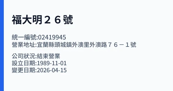福大明２６號的照片-統編 02419945(宜蘭縣) 公司登記資料與營業項目詳細圖表