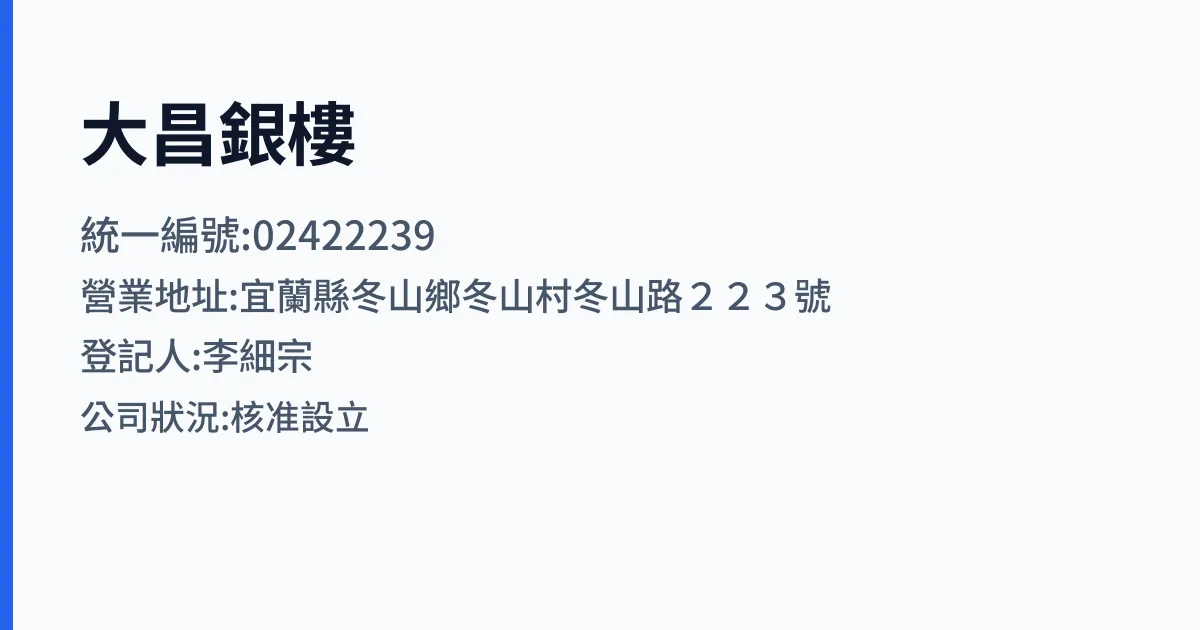 大昌銀樓 - 統編 02422239(宜蘭縣) 公司登記資料與營業項目詳細圖表