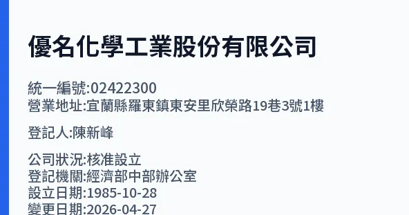 優名化學工業股份有限公司的照片-統編 02422300(宜蘭縣) 公司登記資料與營業項目詳細圖表