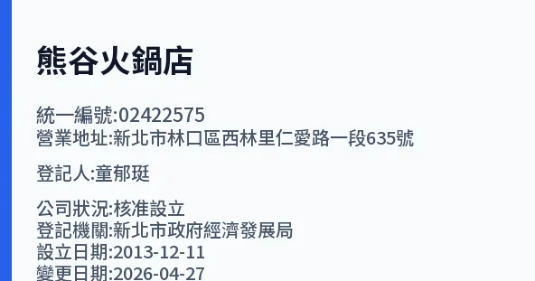 熊谷火鍋店的照片-統編 02422575(新北市) 公司登記資料與營業項目詳細圖表
