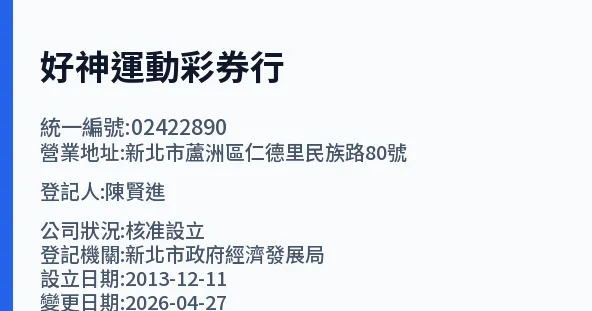 好神運動彩券行的照片-統編 02422890(新北市) 公司登記資料與營業項目詳細圖表