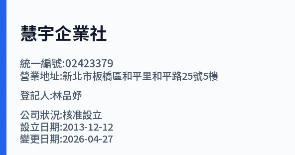 慧宇企業社的照片-統編 02423379(新北市) 公司登記資料與營業項目詳細圖表