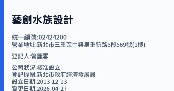 藝創水族設計的照片-統編 02424200(新北市) 公司登記資料與營業項目詳細圖表