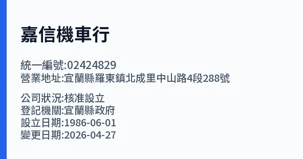 嘉信機車行的照片-統編 02424829(宜蘭縣) 公司登記資料與營業項目詳細圖表