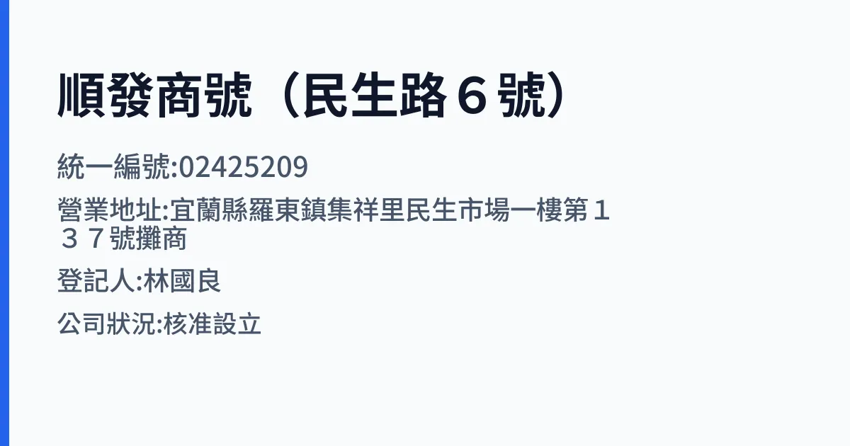 順發商號（民生路６號） - 統編 02425209(宜蘭縣) 公司登記資料與營業項目詳細圖表
