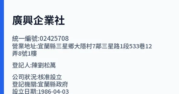 廣興企業社的照片-統編 02425708(宜蘭縣) 公司登記資料與營業項目詳細圖表