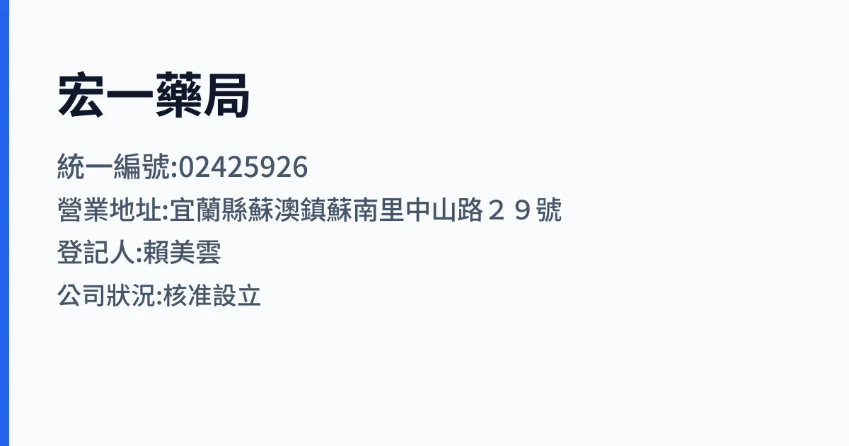 宏一藥局 - 統編 02425926(宜蘭縣) 公司登記資料與營業項目詳細圖表