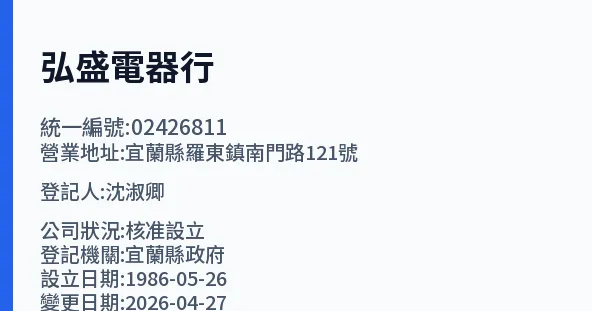 弘盛電器行的照片-統編 02426811(宜蘭縣) 公司登記資料與營業項目詳細圖表