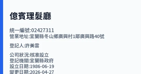 億賓理髮廳的照片-統編 02427311(宜蘭縣) 公司登記資料與營業項目詳細圖表