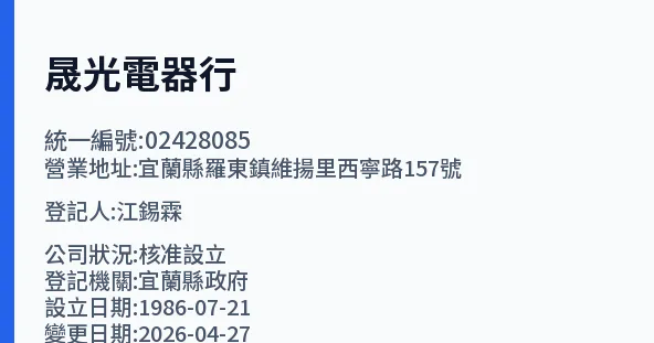 晟光電器行的照片-統編 02428085(宜蘭縣) 公司登記資料與營業項目詳細圖表