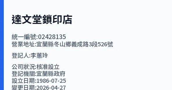 達文堂鎖印店的照片-統編 02428135(宜蘭縣) 公司登記資料與營業項目詳細圖表