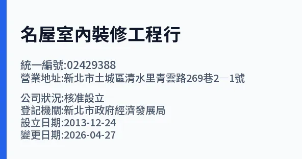 名屋室內裝修工程行的照片-統編 02429388(新北市) 公司登記資料與營業項目詳細圖表