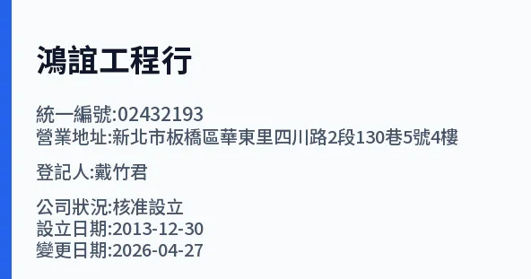 鴻誼工程行的照片-統編 02432193(新北市) 公司登記資料與營業項目詳細圖表