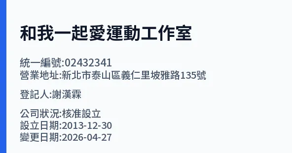 和我一起愛運動工作室的照片-統編 02432341(新北市) 公司登記資料與營業項目詳細圖表