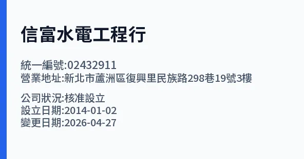 信富水電工程行的照片-統編 02432911(新北市) 公司登記資料與營業項目詳細圖表