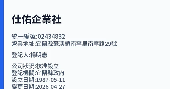 仕佑企業社的照片-統編 02434832(宜蘭縣) 公司登記資料與營業項目詳細圖表