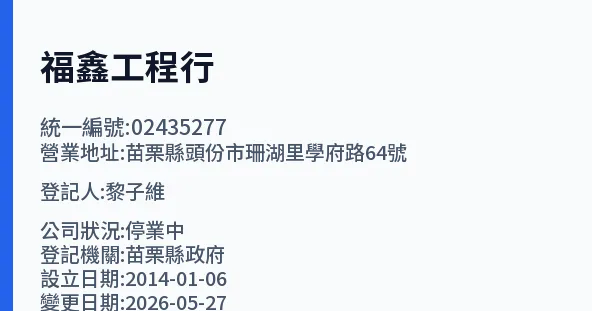 福鑫工程行的照片-統編 02435277(苗栗縣) 公司登記資料與營業項目詳細圖表