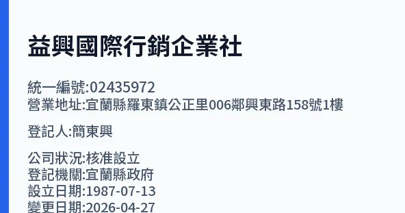 益興國際行銷企業社的照片-統編 02435972(宜蘭縣) 公司登記資料與營業項目詳細圖表