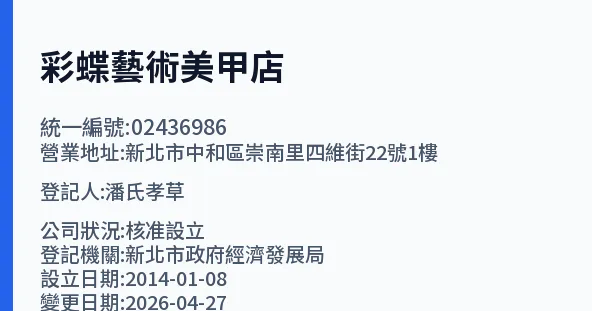 彩蝶藝術美甲店的照片-統編 02436986(新北市) 公司登記資料與營業項目詳細圖表