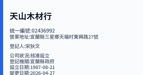 天山木材行的照片-統編 02436992(宜蘭縣) 公司登記資料與營業項目詳細圖表