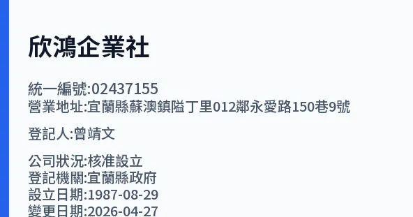 欣鴻企業社的照片-統編 02437155(宜蘭縣) 公司登記資料與營業項目詳細圖表
