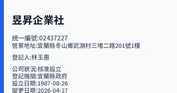 昱昇企業社的照片-統編 02437227(宜蘭縣) 公司登記資料與營業項目詳細圖表