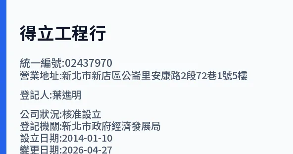 得立工程行的照片-統編 02437970(新北市) 公司登記資料與營業項目詳細圖表