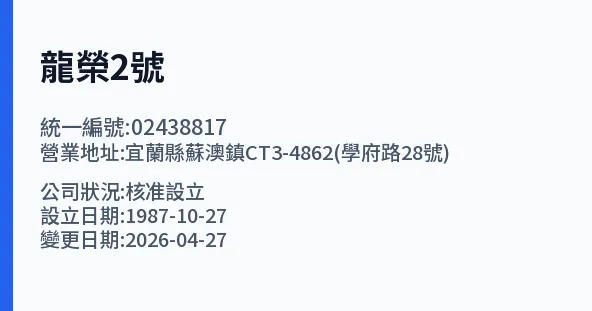 龍榮2號的照片-統編 02438817(宜蘭縣) 公司登記資料與營業項目詳細圖表